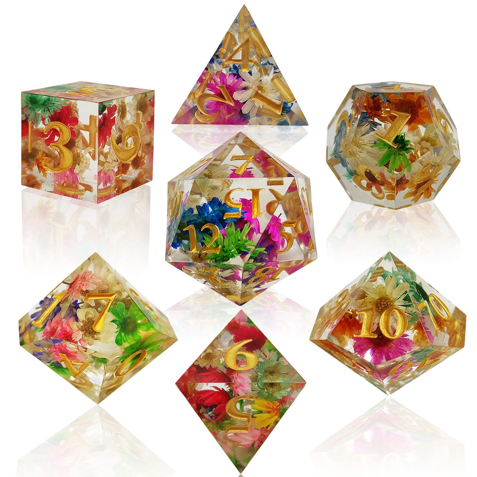 AHDKEJG DND Dice Set D&D Dungeons and Dragons RPG MTG D20 Polyhedral Pathfinder Role Playing D and D Table Games Accessories Resin Dice with Sharp Edges Gift Storage Bag- Flower