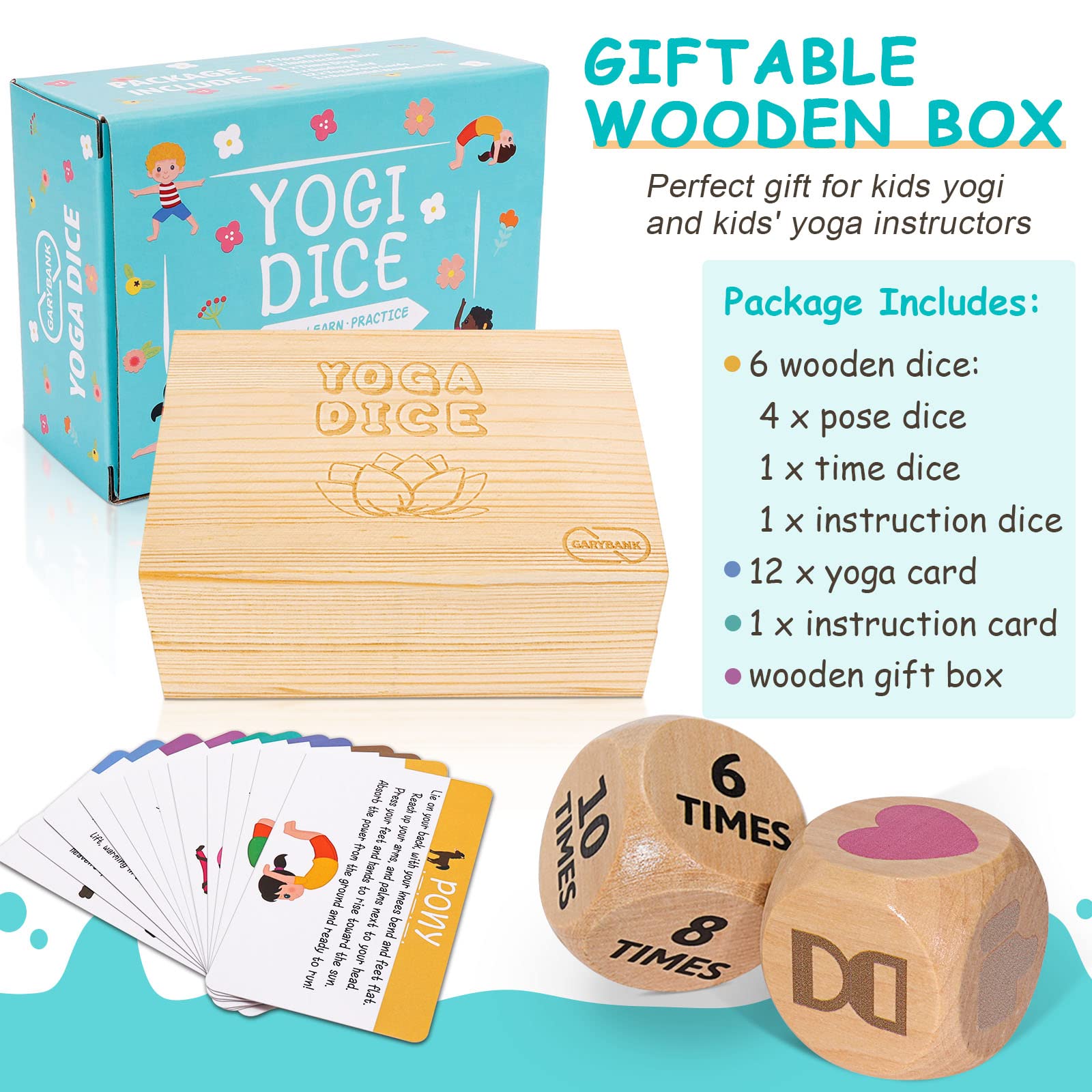 Garybank Kids Yoga Wooden Dice with Yoga Cards, Fun Exercise Dice for Kids Workout Equipment, Workout Dice Game for Kids Solo or Group, 12 Yoga Cards for Kids with Wooden Gift Boxes, Yoga for Kids