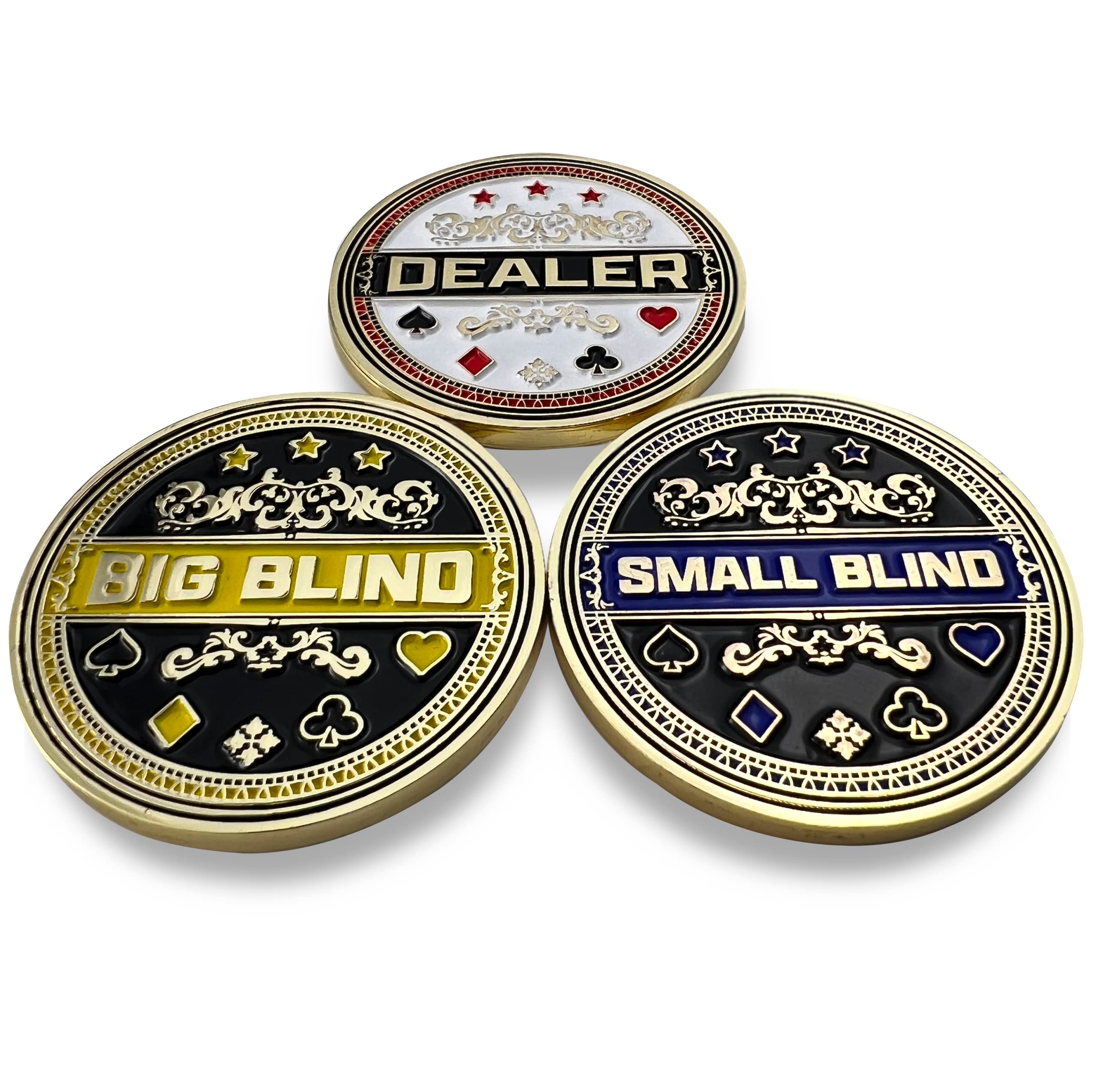 Luck Lab Set of 3 Metal Poker Buttons - Dealer Button, Big Blind and Small Blind Metal Weights (Position Markers) for Texas Hold Em - 1.75 inch