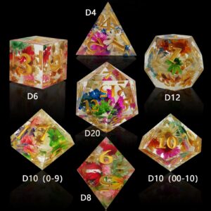 AHDKEJG DND Dice Set D&D Dungeons and Dragons RPG MTG D20 Polyhedral Pathfinder Role Playing D and D Table Games Accessories Resin Dice with Sharp Edges Gift Storage Bag- Flower