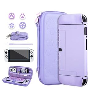 rhotall solid color with sakura embossing carrying case for nintendo switch oled, potable case for switch oled with soft case, screen protector, 4 thumb caps, wrist band and shoulder strap - purple