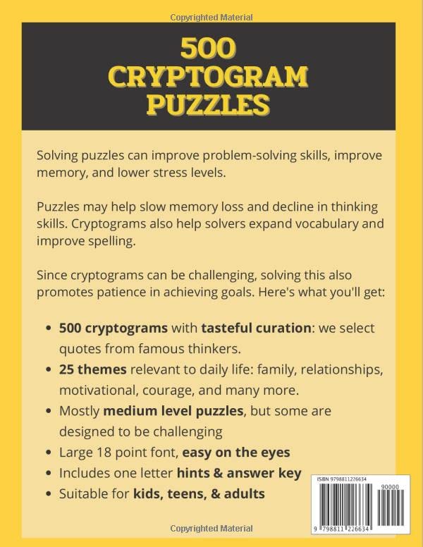 Cryptograms puzzle books for adults: Cryptoquotes puzzle books for adults. With 500 Crypt a Quote from famous thinkers. Enjoy or Give a gift of Cryptograms to keep brain fit.