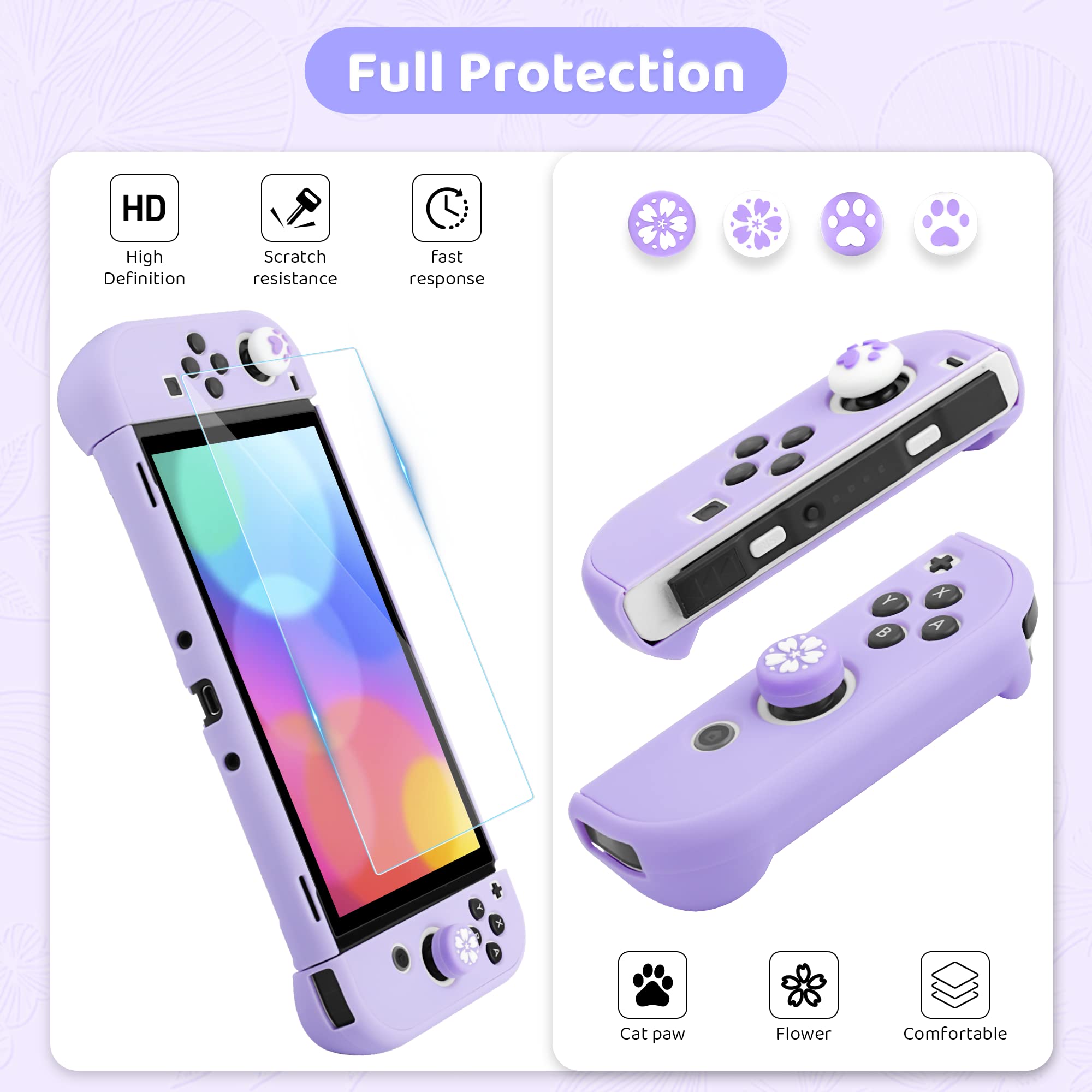 FUNDIARY Carrying Case for Nintendo Switch OLED, Cute Storage Carry Case for Switch OLED Accessories with Flip Case, Screen Protector, Adjustable Shoulder Strap, Wrist Band and 4 Thumb Caps (Purple)