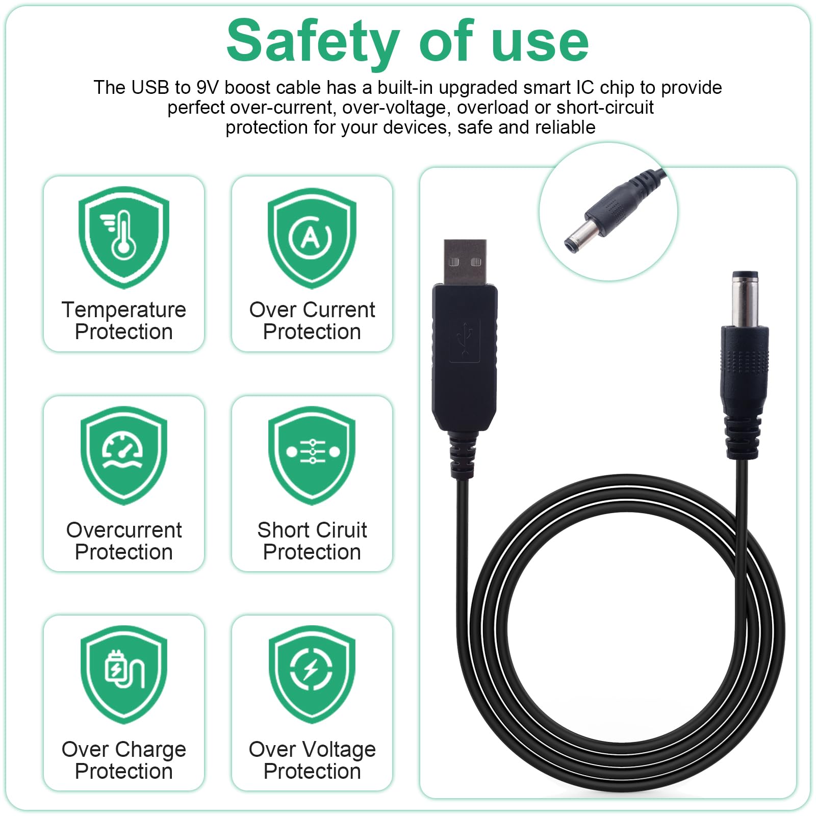 Sqrgreat USB DC 5V to DC 9V Voltage Power Supply Cable - USB to 9V Cable with DC Jack 5.5 x 2.1mm, Tip Negative(-) Design, Max DC-5V-to-9V 0