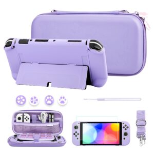 fundiary carrying case for nintendo switch oled, cute storage carry case for switch oled accessories with flip case, screen protector, adjustable shoulder strap, wrist band and 4 thumb caps (purple)