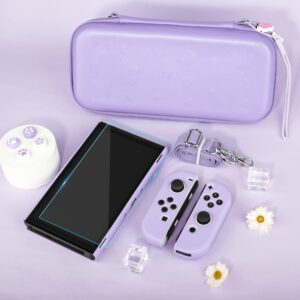 FANPL Case bundle for Nintendo Switch OLED Accessories, Carrying Case for Switch OLED and Joy Con Controller with Hard Flip Protective Case and Screen protector, 4 Thumb Grips, Shoulder Strap (Purple)