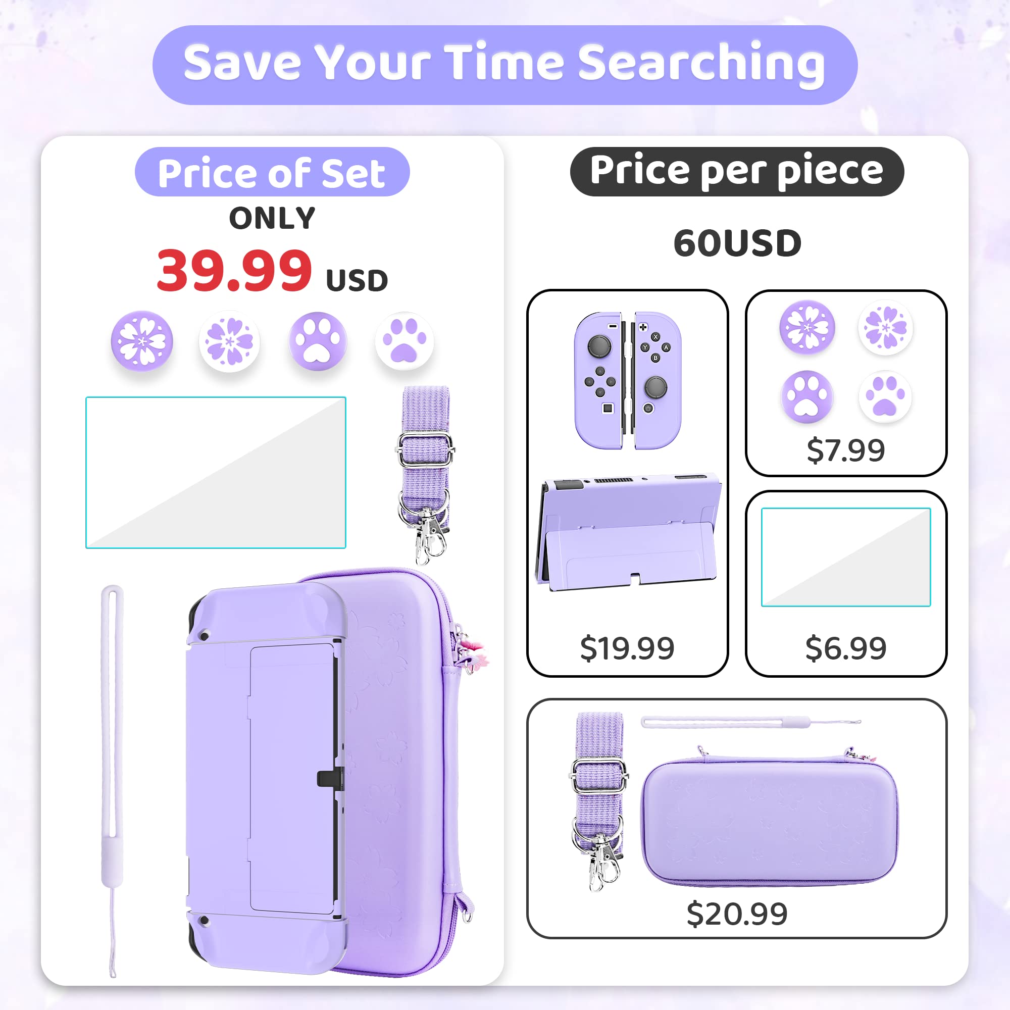 FUNDIARY Carrying Case for Nintendo Switch OLED, Cute Storage Carry Case for Switch OLED Accessories with Flip Case, Screen Protector, Adjustable Shoulder Strap, Wrist Band and 4 Thumb Caps (Purple)