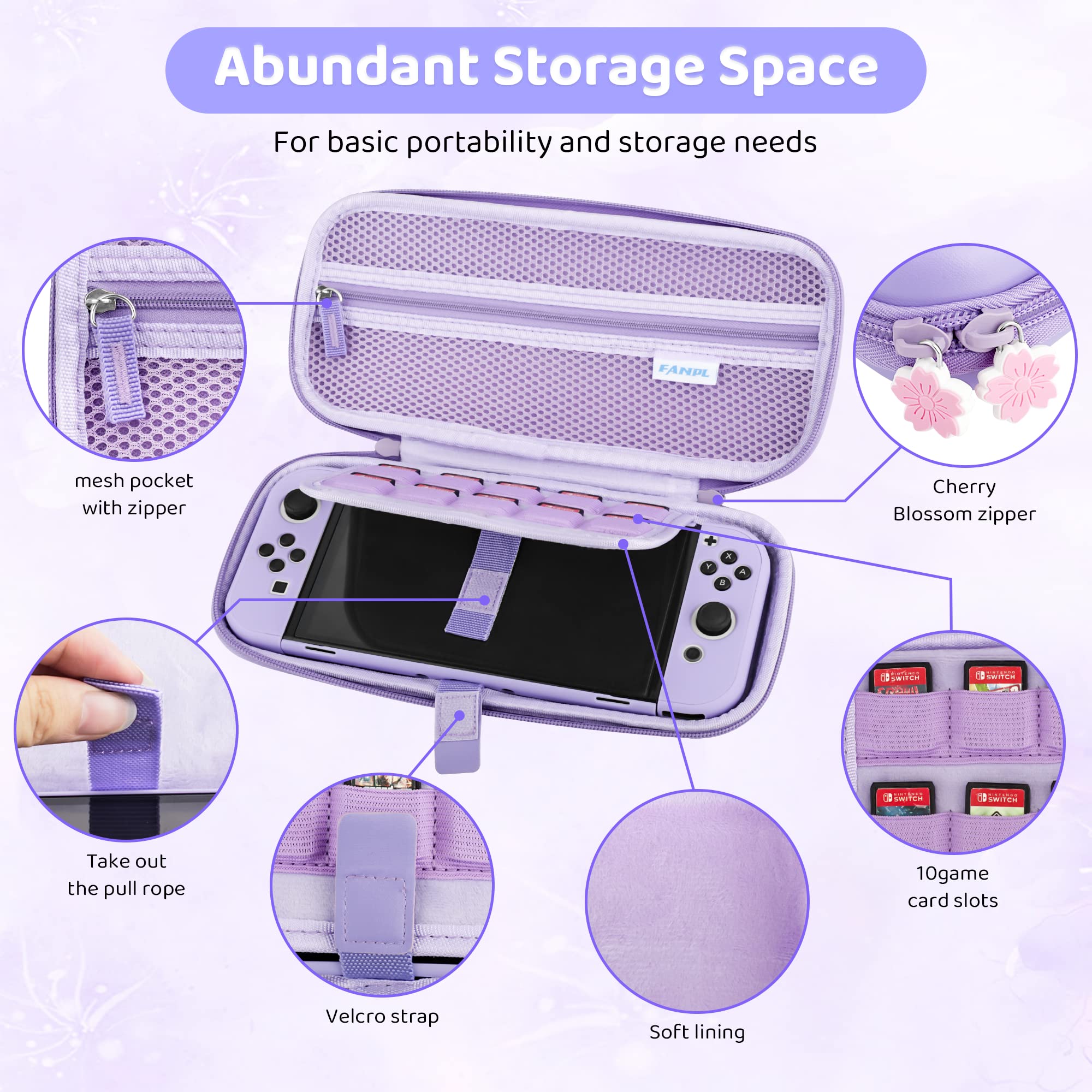 FUNDIARY Carrying Case for Nintendo Switch OLED, Cute Storage Carry Case for Switch OLED Accessories with Flip Case, Screen Protector, Adjustable Shoulder Strap, Wrist Band and 4 Thumb Caps (Purple)