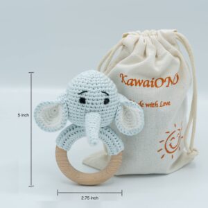 KawaiOnO - Handmade Cotton Crochet Amigurumi Rattler, Educational Baby Stuff, Blue Elephant Stuffed Animals with Wooden Handle, Ideal Baby Boy Stuff for New Moms and Parents