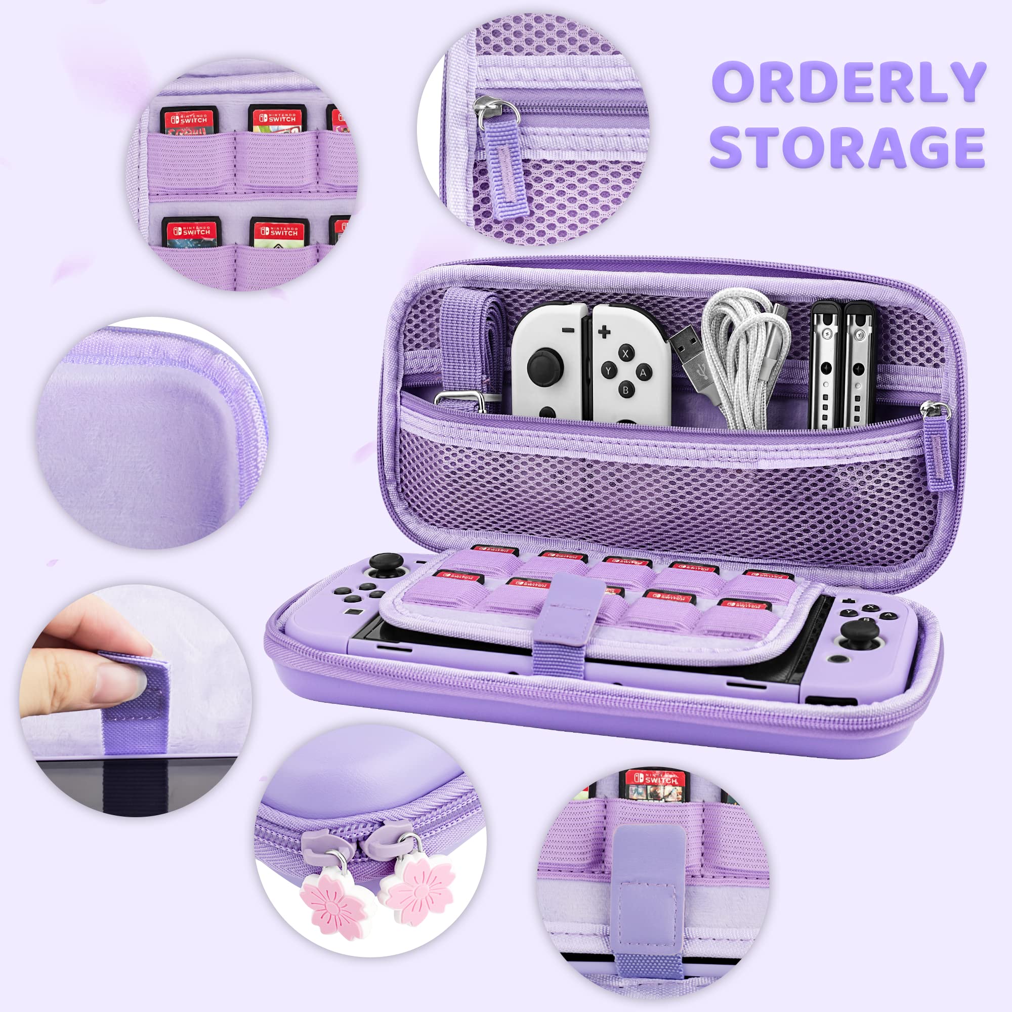 FANPL Case bundle for Nintendo Switch OLED Accessories, Carrying Case for Switch OLED and Joy Con Controller with Hard Flip Protective Case and Screen protector, 4 Thumb Grips, Shoulder Strap (Purple)