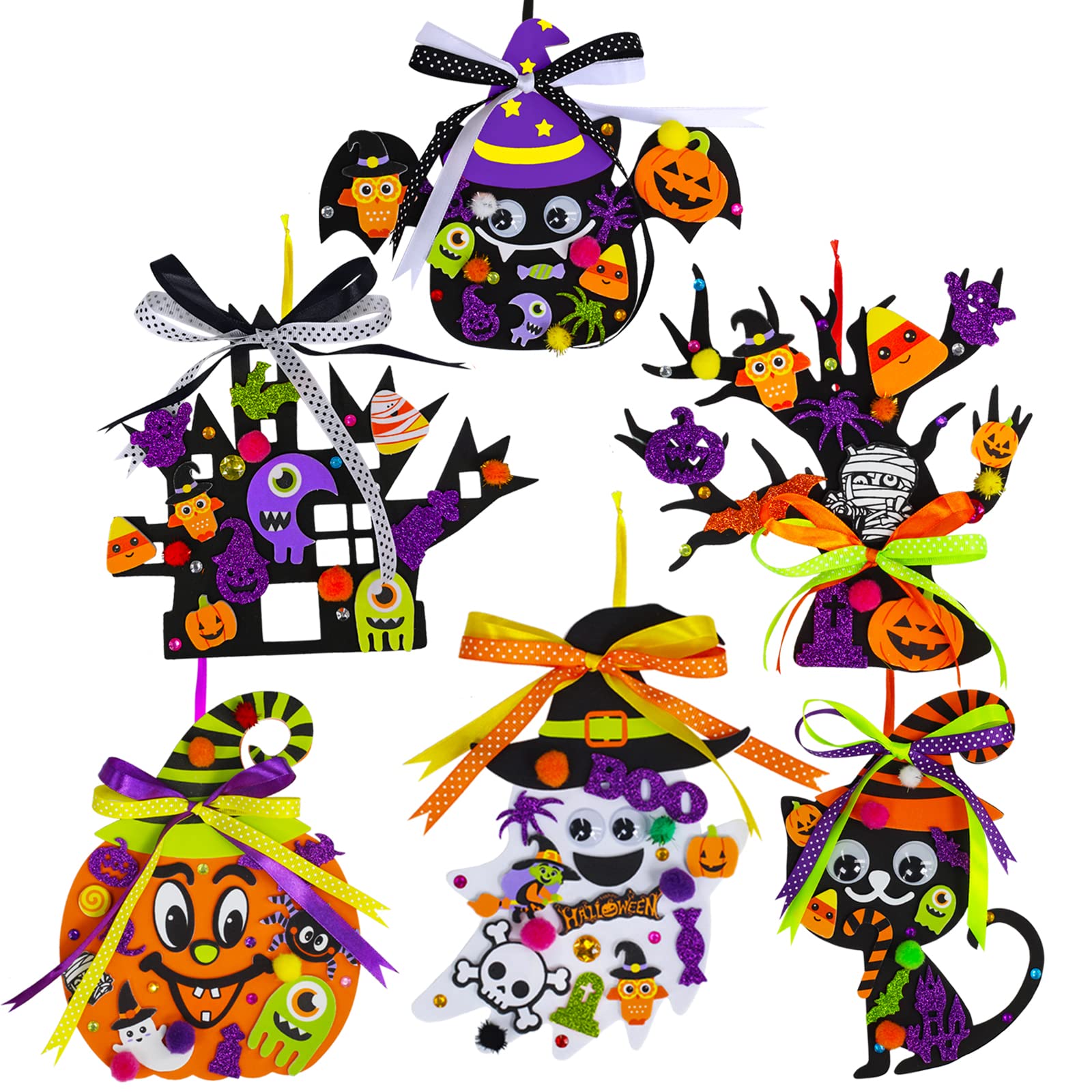 Winlyn 24 Sets Halloween Craft Kits DIY Halloween Pumpkin Ghost Bat Black Tree Ornaments Decorations Art Sets Fall Crafts Foam Stickers Arts and Crafts Supplies Kit for Kids Party Classroom Activities