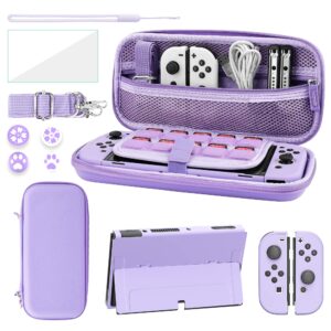 fanpl case bundle for nintendo switch oled accessories, carrying case for switch oled and joy con controller with hard flip protective case and screen protector, 4 thumb grips, shoulder strap (purple)