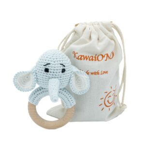 kawaiono - handmade cotton crochet amigurumi rattler, educational baby stuff, blue elephant stuffed animals with wooden handle, ideal baby boy stuff for new moms and parents