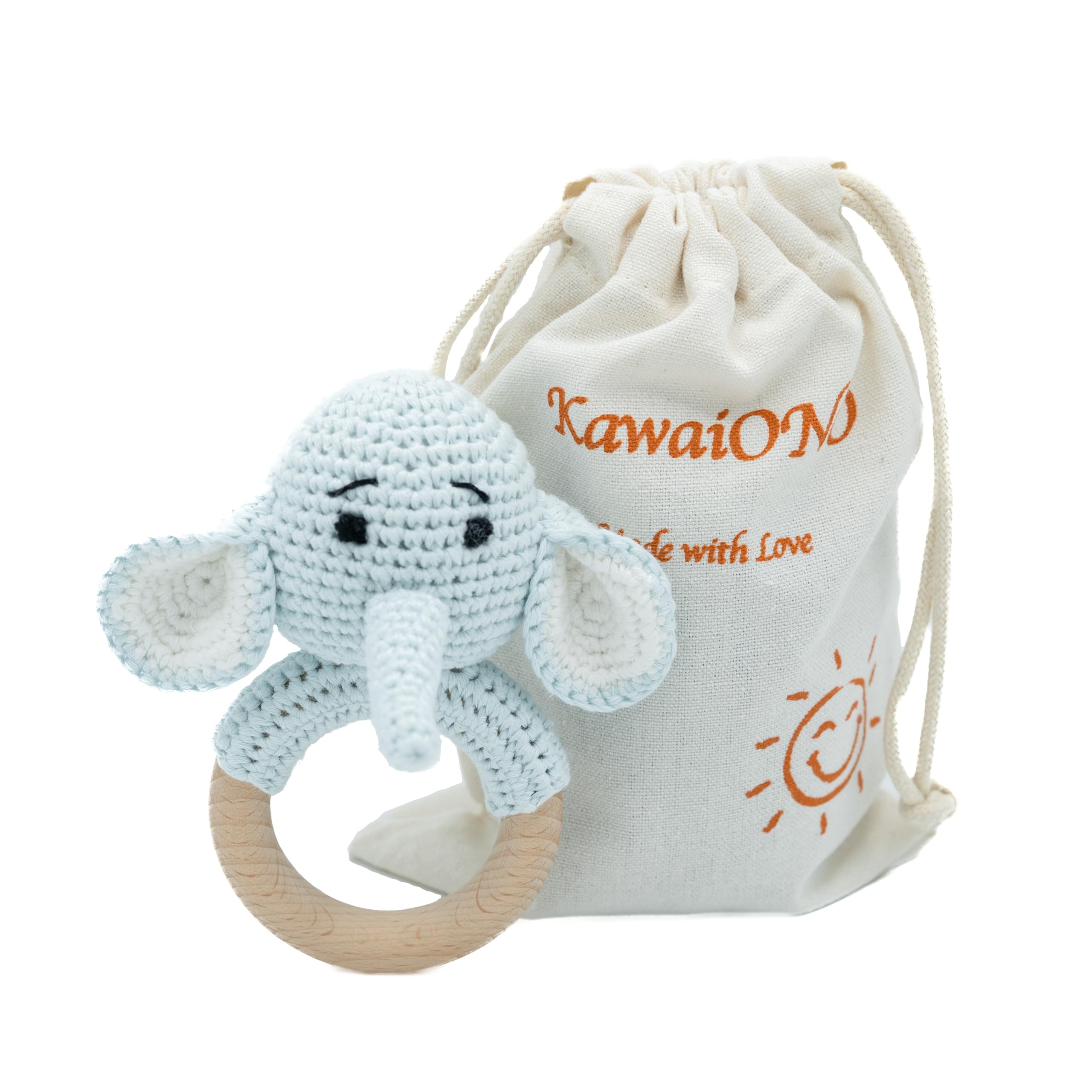 KawaiOnO - Handmade Cotton Crochet Amigurumi Rattler, Educational Baby Stuff, Blue Elephant Stuffed Animals with Wooden Handle, Ideal Baby Boy Stuff for New Moms and Parents