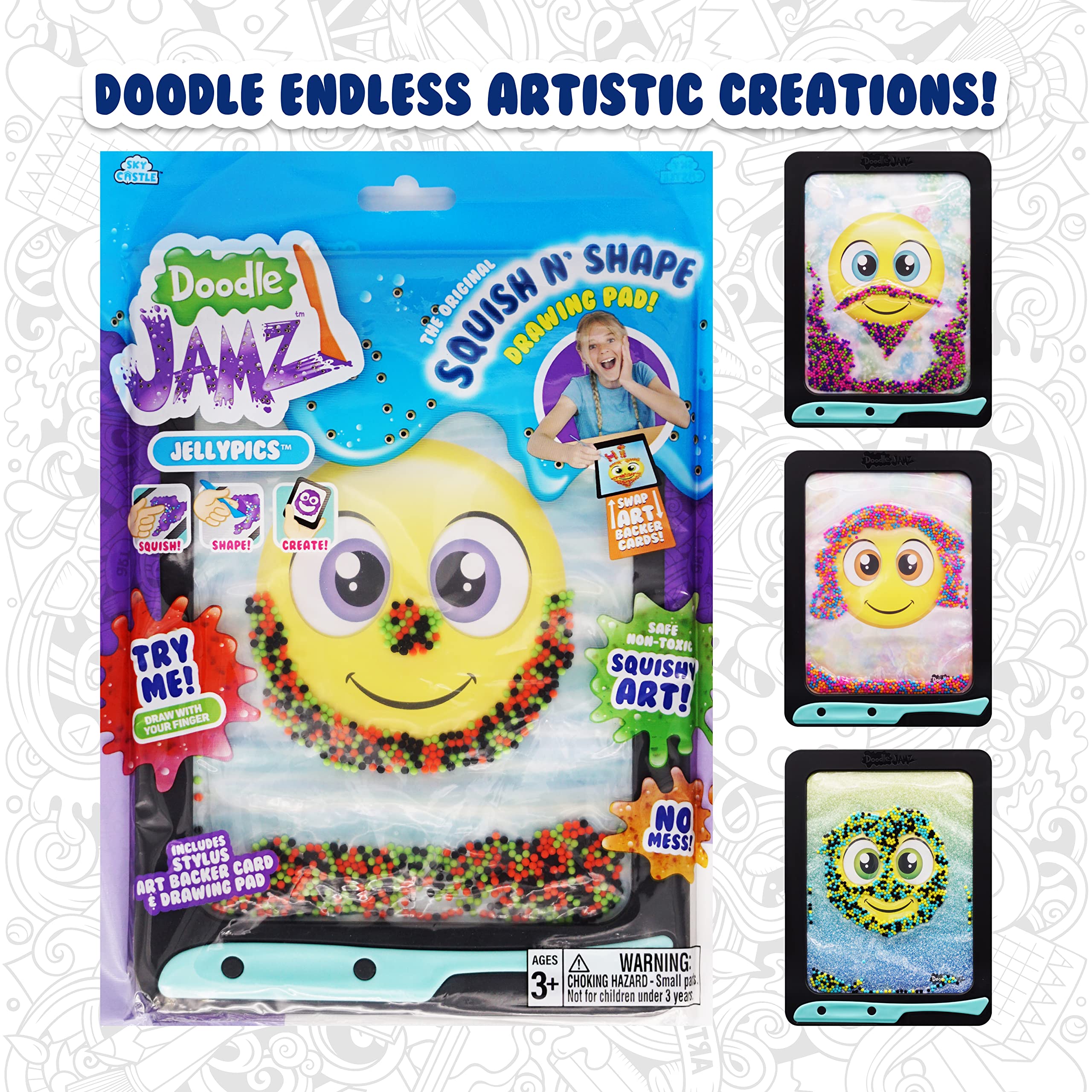 DoodleJamz JellyPics - Sensory Drawing Pads Filled with Non-Toxic Squishy Beads and Gel – Includes Stylus, Removable 2-Sided Emoji Backer Card (Green, Red, Black Beads)