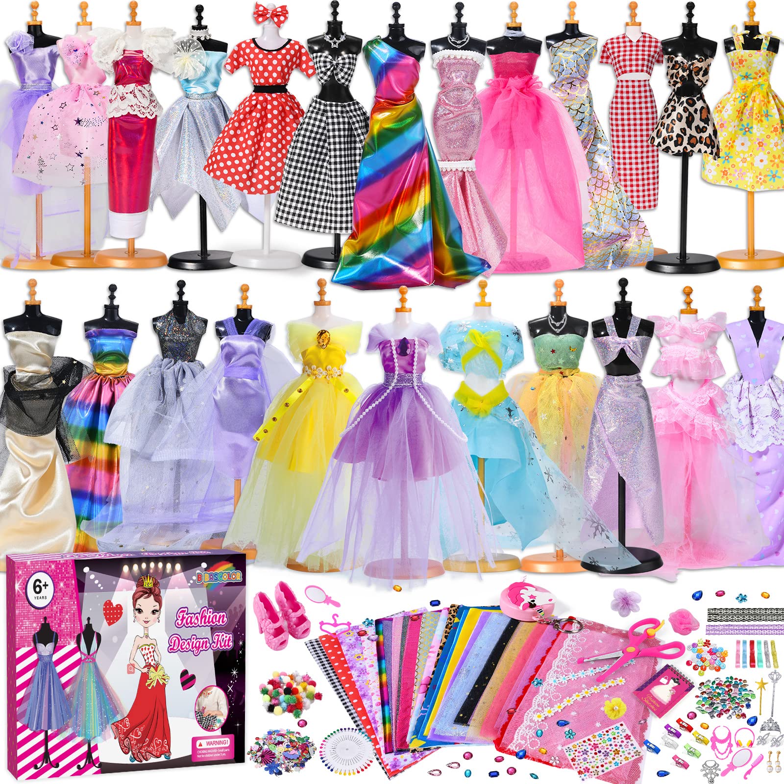 B Bascolor Girls Fashion Design Kids Sewing Craft Kit for Making 60 Pack Doll Cloth Accessories Dress Up, Art Crafts for Girl Ages 8-12+ Preteen Designer Creativity DIY Toy Christmas Birthday Gift