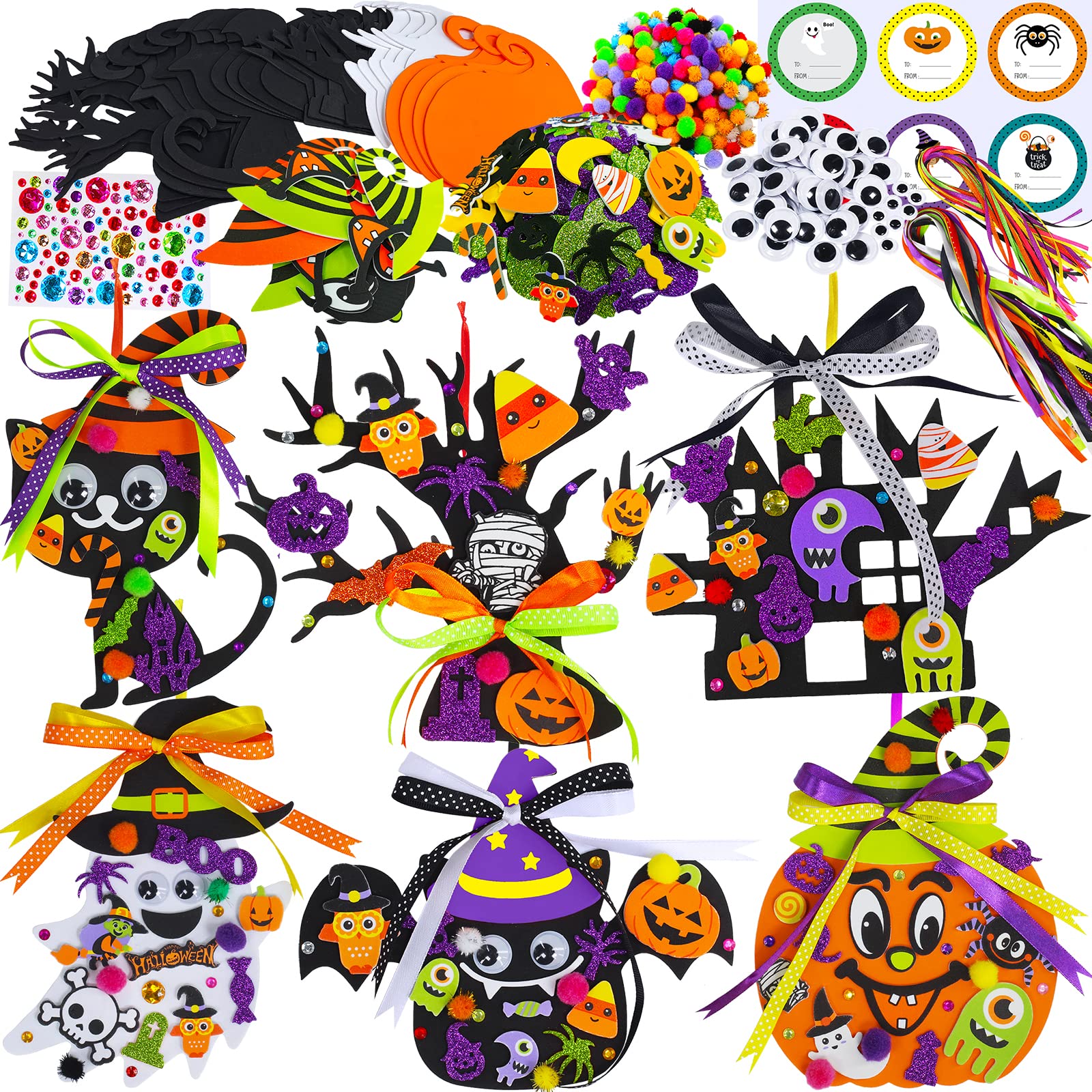 Winlyn 24 Sets Halloween Craft Kits DIY Halloween Pumpkin Ghost Bat Black Tree Ornaments Decorations Art Sets Fall Crafts Foam Stickers Arts and Crafts Supplies Kit for Kids Party Classroom Activities