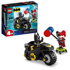 lego dc batman versus harley quinn 76220, superhero action figure set with skateboard and motorcycle toy for kids, boys and girls aged 4 plus