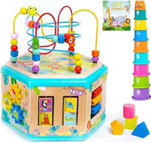 pidoko kids wooden activity cube with 2 tops - montessori center birthday gifts for 18 months + year old toddlers - developmental learning baby girl boy toys - educational bead maze set and zoo book