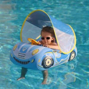 swimbobo toddler pool float inflatable car baby swim float with adjustable sun canopy and safety seat pool toys for kids 1-4 years old (blue sports car)