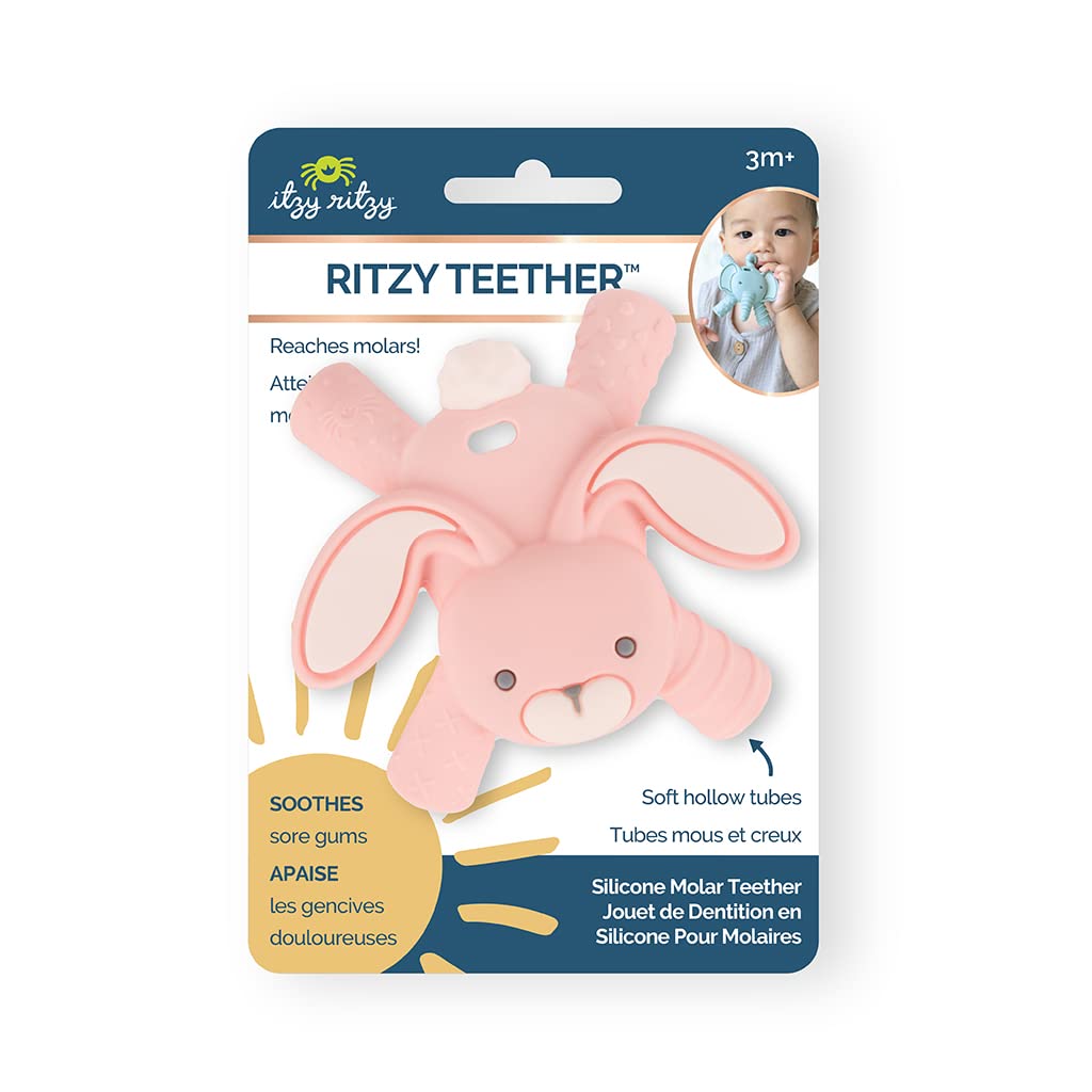 Itzy Ritzy - Ritzy Teether for Molars - Massages Sore Gums & Reaches Back Molars - Silicone Baby Teething Toy with Multiple Textures & Flexible Design - Teething Relief for 3 Months & Up (Bunny)