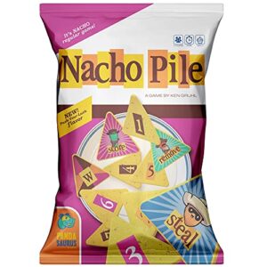 nacho pile party game | fast-paced stacking game | push-your-luck strategy game | fun family game for kids and adults | ages 7+ | 2-4 players | average playtime 20 minutes | made by pandasaurus games