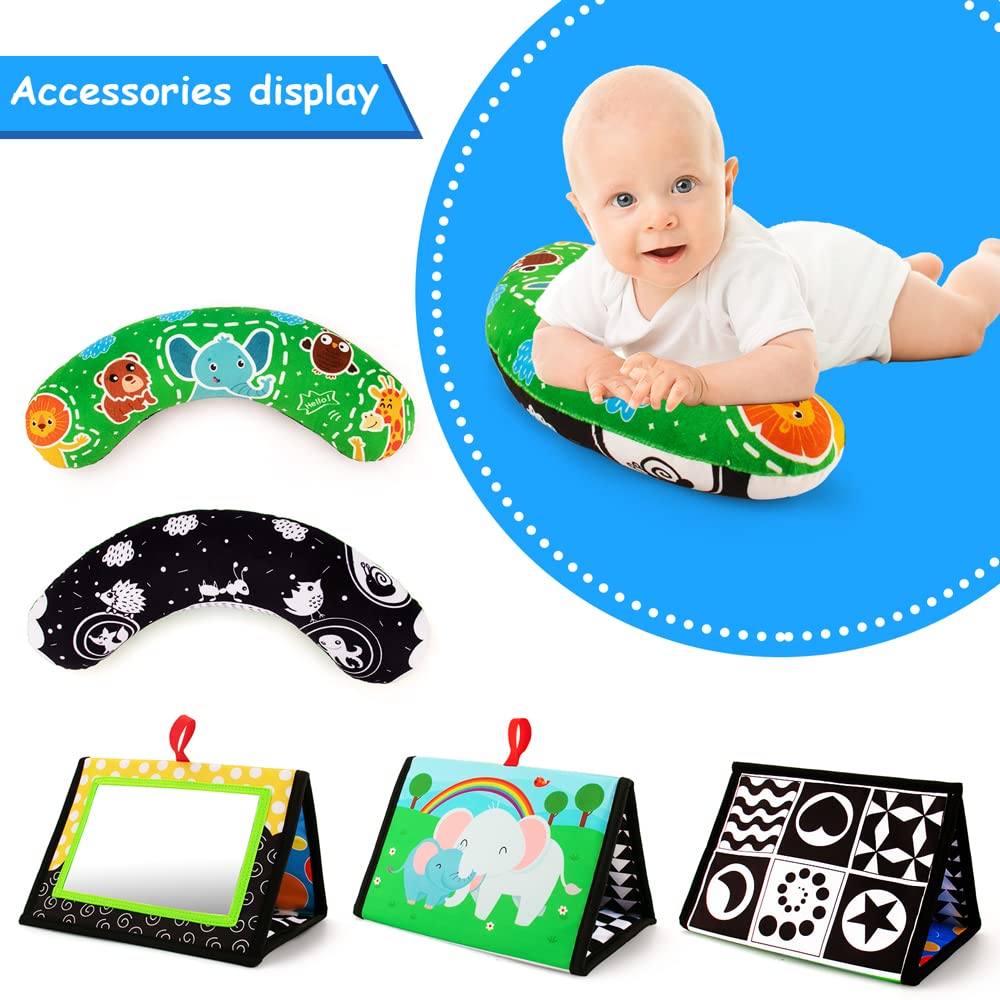 Tummy Time Mirror & Play Mat & Pillow 3-in-1, High Contrast Black and White Baby Toys, Activity Mat for Early Education, Newborn Infant Tummy Time Toy Set for 0 3 6 12 Month Crinkle/Squeake