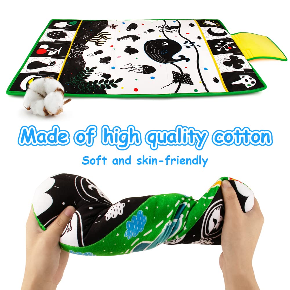 Tummy Time Mirror & Play Mat & Pillow 3-in-1, High Contrast Black and White Baby Toys, Activity Mat for Early Education, Newborn Infant Tummy Time Toy Set for 0 3 6 12 Month Crinkle/Squeake