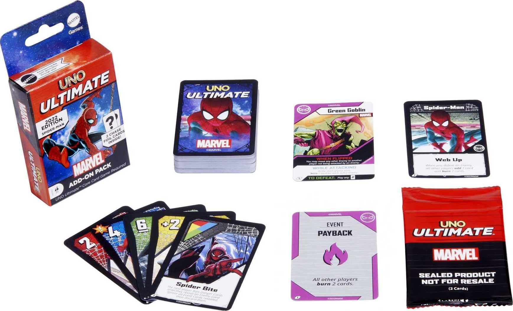 Mattel Games ​UNO Ultimate Marvel Add-On 3-Pack Set with Collectible Character Deck & 2 Foil Cards, Includes Spider-Man, Dr. Strange and Scarlet Witch