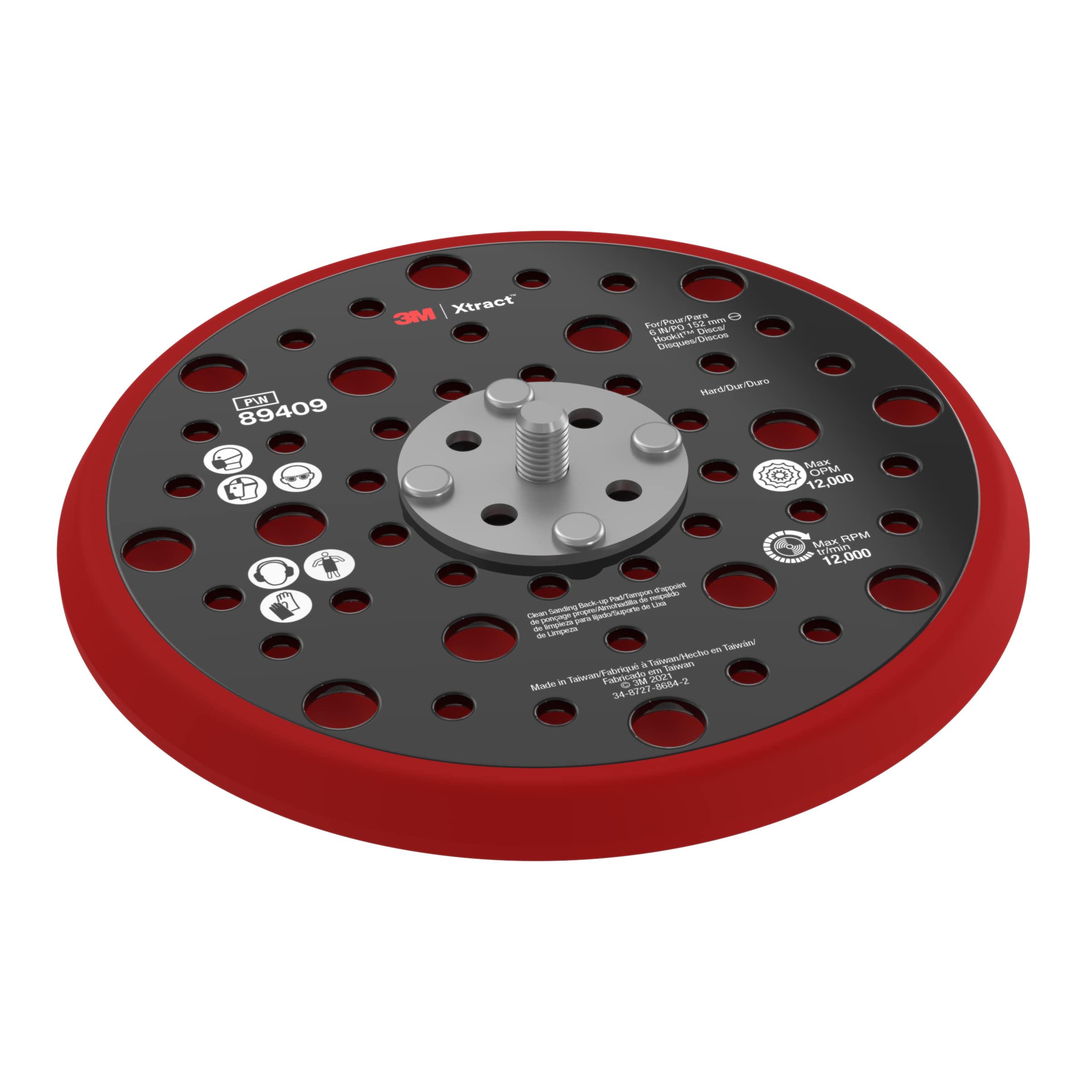 3M Xtract Hookit Hook and Loop Sanding Disc Backup Pad, 89409, 6 in, Max 12,000 RPM OPM, Hard, 49 Holes, Low Profile Finishing Disc Pad, 5/16-24 EXT