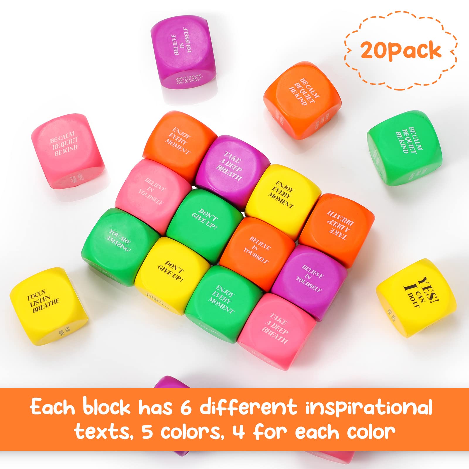 Zhehao 20 Pieces Motivational Stress Ball Bulk for Adults Square Shape Brain Stress Relief Balls Quotes Foam Dice for Kids Classroom School Supplies Social Emotional Learning Anxiety Toys, 5 Colors