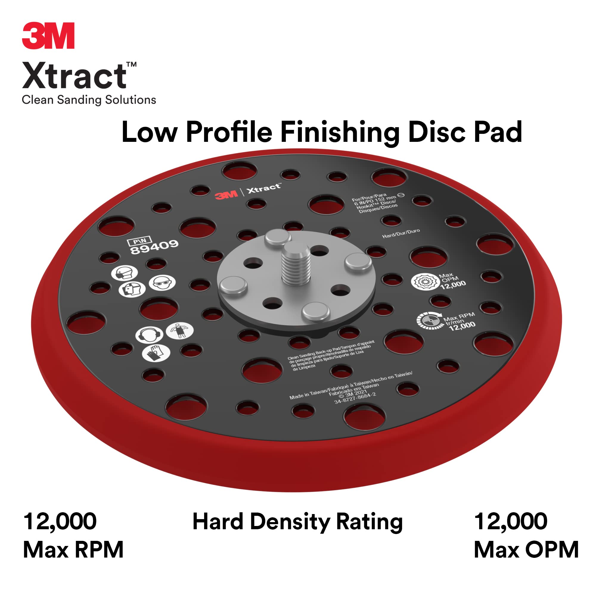 3M Xtract Hookit Hook and Loop Sanding Disc Backup Pad, 89409, 6 in, Max 12,000 RPM OPM, Hard, 49 Holes, Low Profile Finishing Disc Pad, 5/16-24 EXT