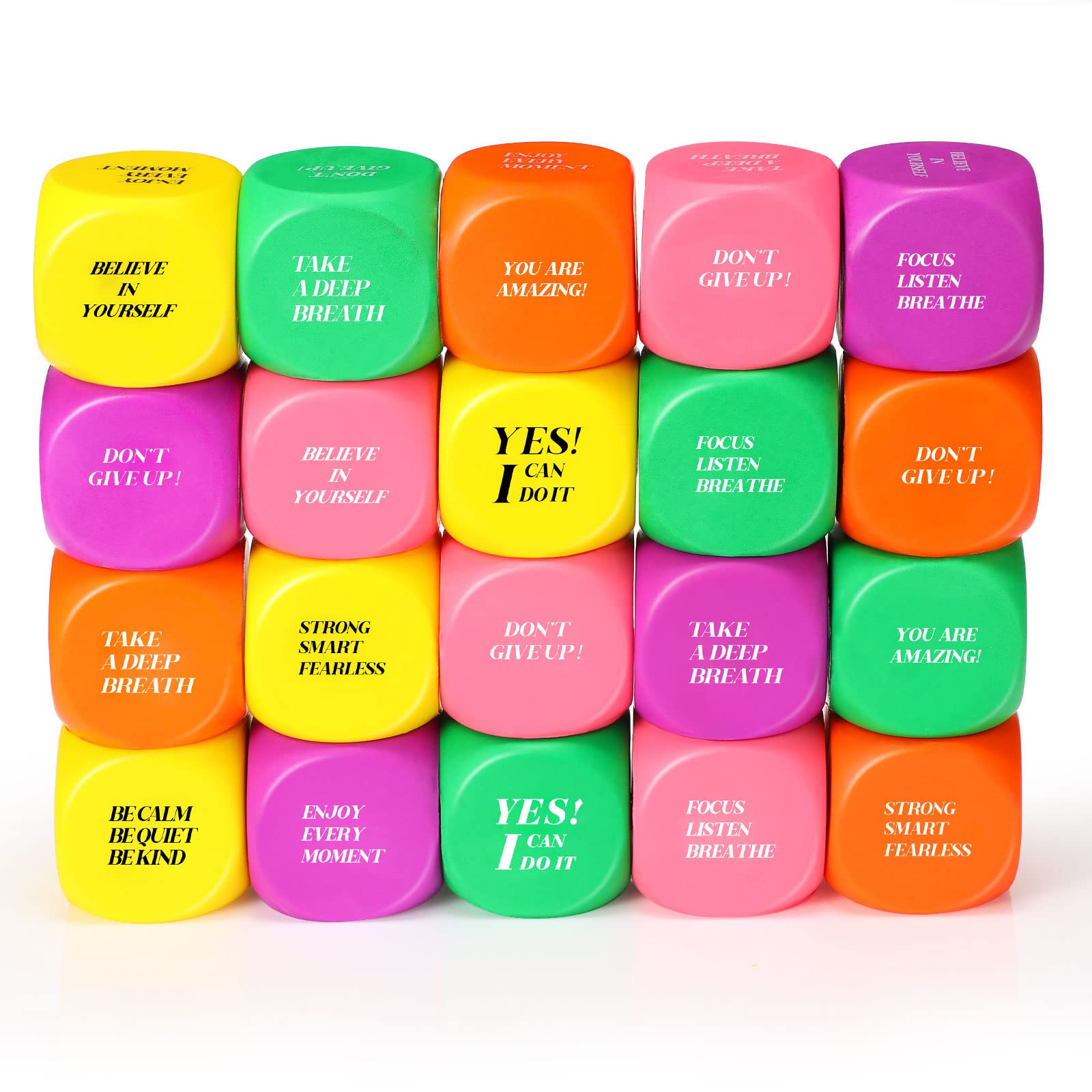 Zhehao 20 Pieces Motivational Stress Ball Bulk for Adults Square Shape Brain Stress Relief Balls Quotes Foam Dice for Kids Classroom School Supplies Social Emotional Learning Anxiety Toys, 5 Colors