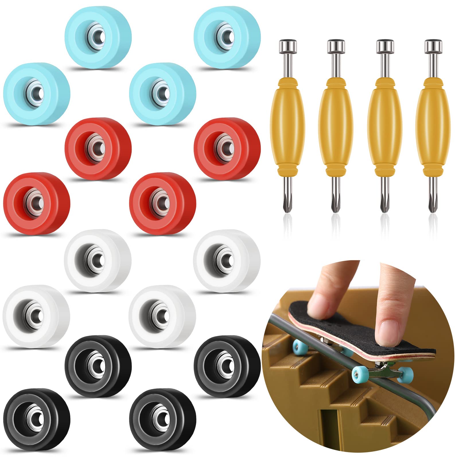 20 Pieces Fingerboard Tool Set Fingerboard Bearing Wheels with 4 Pieces Fingerboard Tool Screwdriver and Nut Driver Compatible with Most Fingerboard Trucks (White, Black, Red, Light Blue)