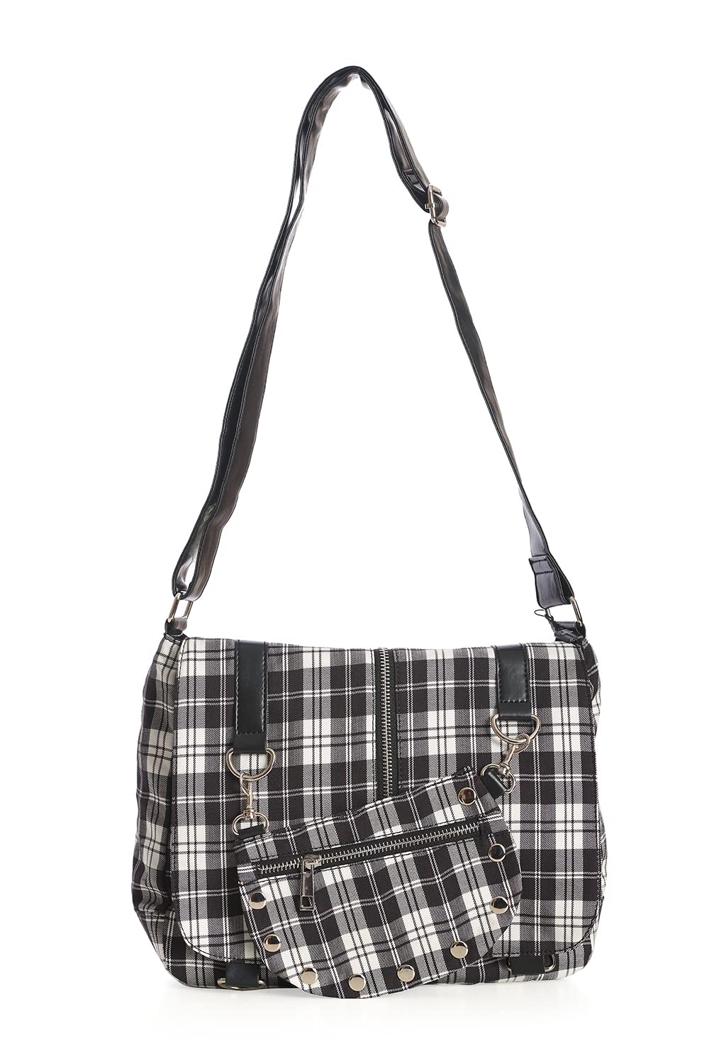 Punk Plaid Print Tartan Messenger Shoulder Bag Crossbody Handbag Women's Purse (Black/White)