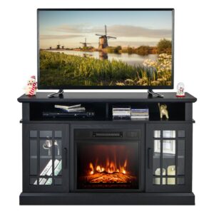 costway electric fireplace tv stand for tvs up to 55 inches, 18-inch fireplace insert with remote, overheat protection, 48-inch wooden media entertainment center with adjustable shelves, black