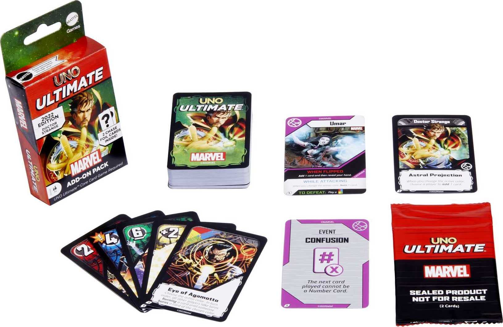 Mattel Games ​UNO Ultimate Marvel Add-On 3-Pack Set with Collectible Character Deck & 2 Foil Cards, Includes Spider-Man, Dr. Strange and Scarlet Witch