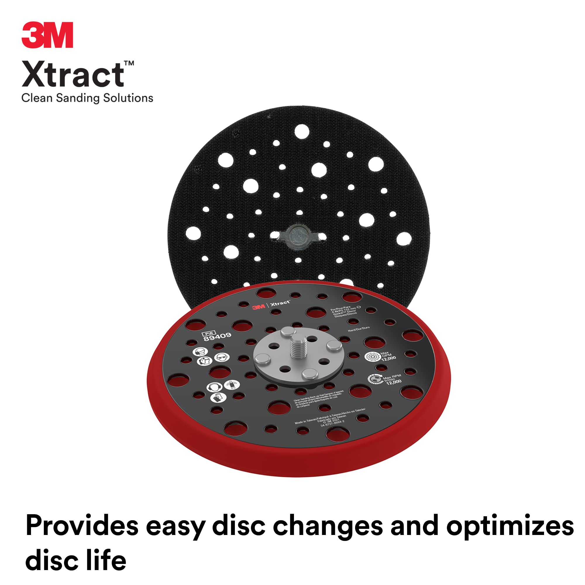 3M Xtract Hookit Hook and Loop Sanding Disc Backup Pad, 89409, 6 in, Max 12,000 RPM OPM, Hard, 49 Holes, Low Profile Finishing Disc Pad, 5/16-24 EXT