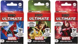 mattel games ​uno ultimate marvel add-on 3-pack set with collectible character deck & 2 foil cards, includes spider-man, dr. strange and scarlet witch