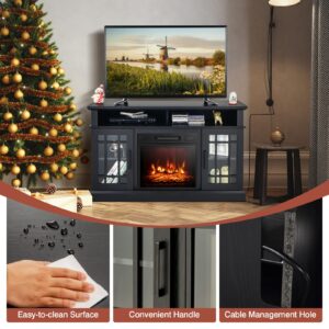 COSTWAY Electric Fireplace TV Stand for TVs Up to 55 Inches, 18-Inch Fireplace Insert with Remote, Overheat Protection, 48-Inch Wooden Media Entertainment Center with Adjustable Shelves, Black