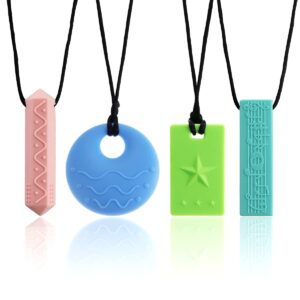 sensory chew necklaces for kids - 4 pack silicone chewy necklaces for adhd, autism, biting and oral motor needs