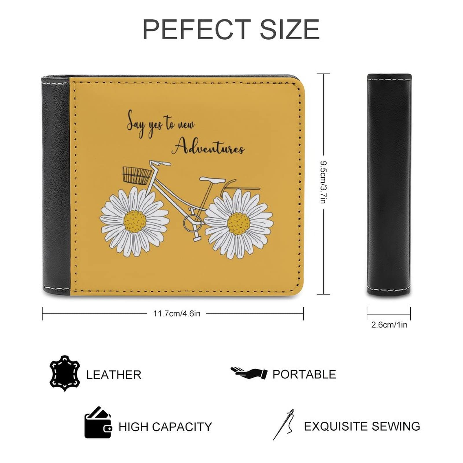 Donnapink White Daisy Flower with Quotes Say Yes to New Adventure on Yellow Soft PU Leather Bifold Wallet, Coin Purse Credit Pass Case, Durable Card-Holder Slim Billfold for Men Woman Money Storage