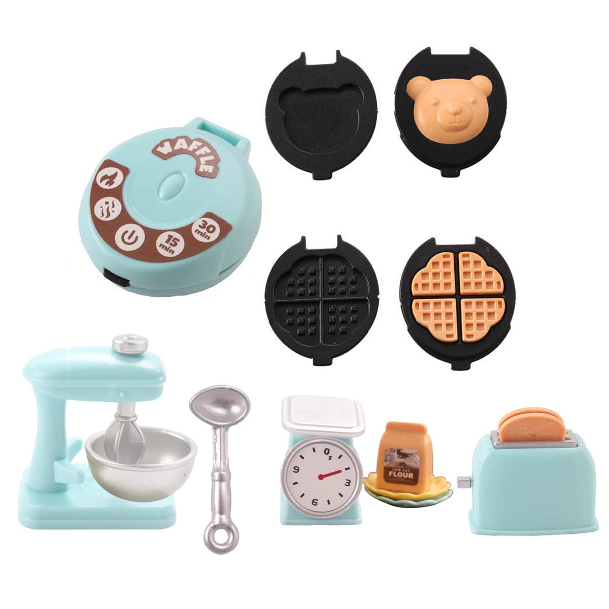 Miniature Dollhouse Kitchen Set 1:12 Decoration Waffle Maker Toaster Scale Stand Mixer Flour 10PCS Modern Mini House Furniture Accessories Kit Pretend Play (Blue)