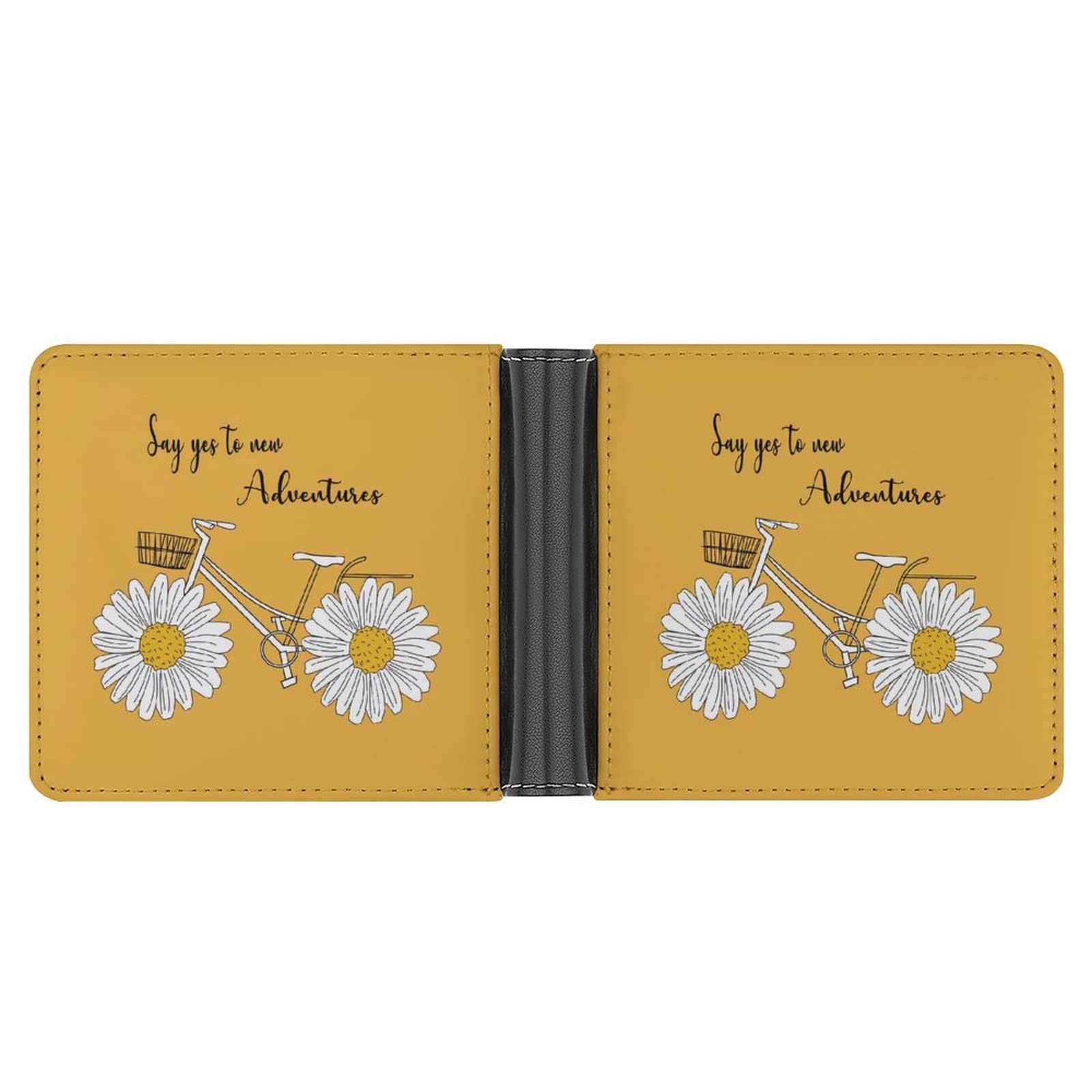 Donnapink White Daisy Flower with Quotes Say Yes to New Adventure on Yellow Soft PU Leather Bifold Wallet, Coin Purse Credit Pass Case, Durable Card-Holder Slim Billfold for Men Woman Money Storage