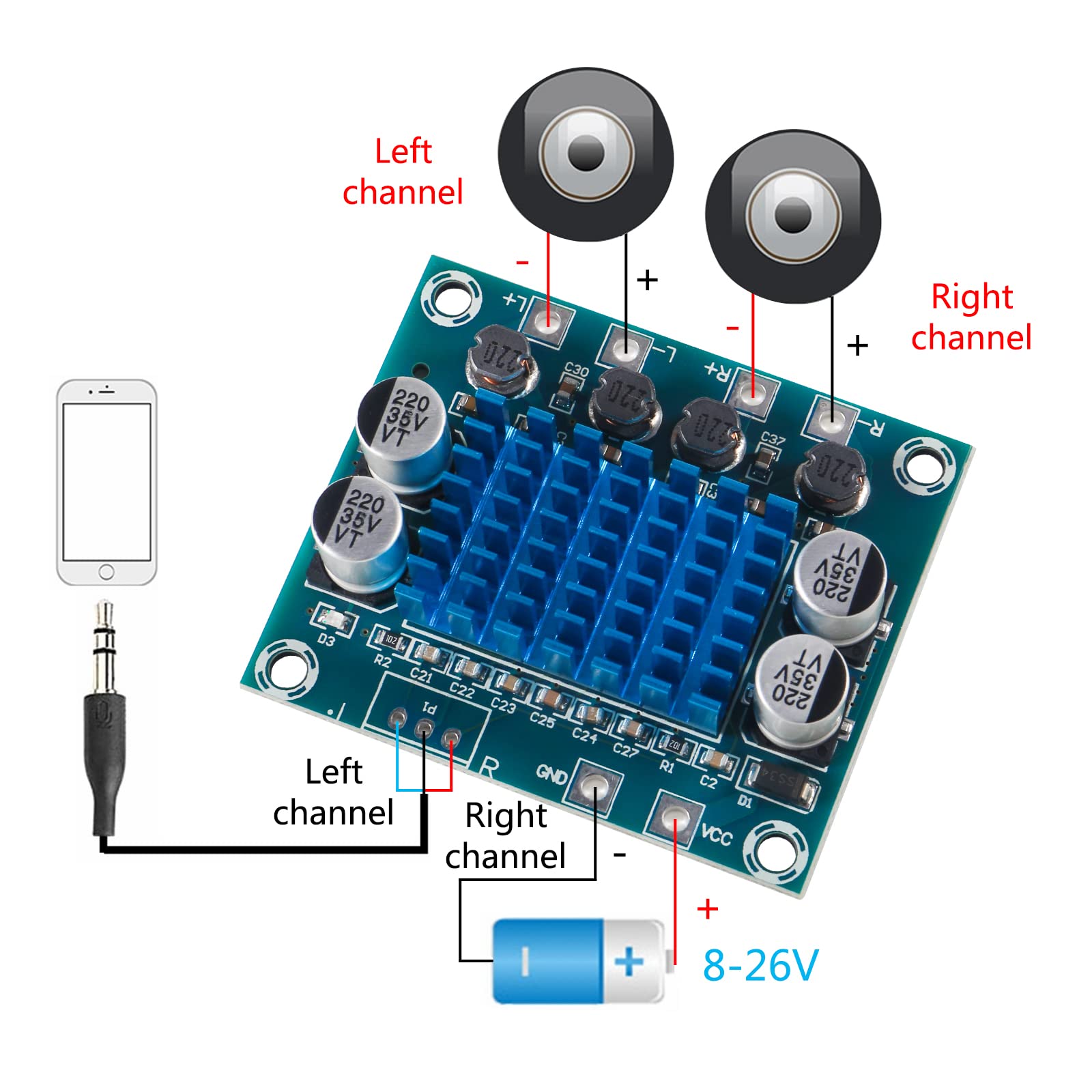 QCCAN 4PCS TPA3110 Audio Amplifier Board, TPA3110 XH-A232 30W+30W 2.0 Channel Digital Stereo Audio Power Amplifier Board 8-26V 3A