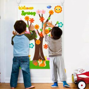 WATINC 149Pcs Seasonal Tree Felt Board Story Set Changeable Seasonal Tree Autumn Time Board Sun Maple Leaves Squirrel Hedgehog Hello Fall Ornaments Preschool Large Wall Storyboard for Home Classroom