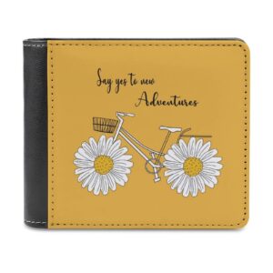 donnapink white daisy flower with quotes say yes to new adventure on yellow soft pu leather bifold wallet, coin purse credit pass case, durable card-holder slim billfold for men woman money storage