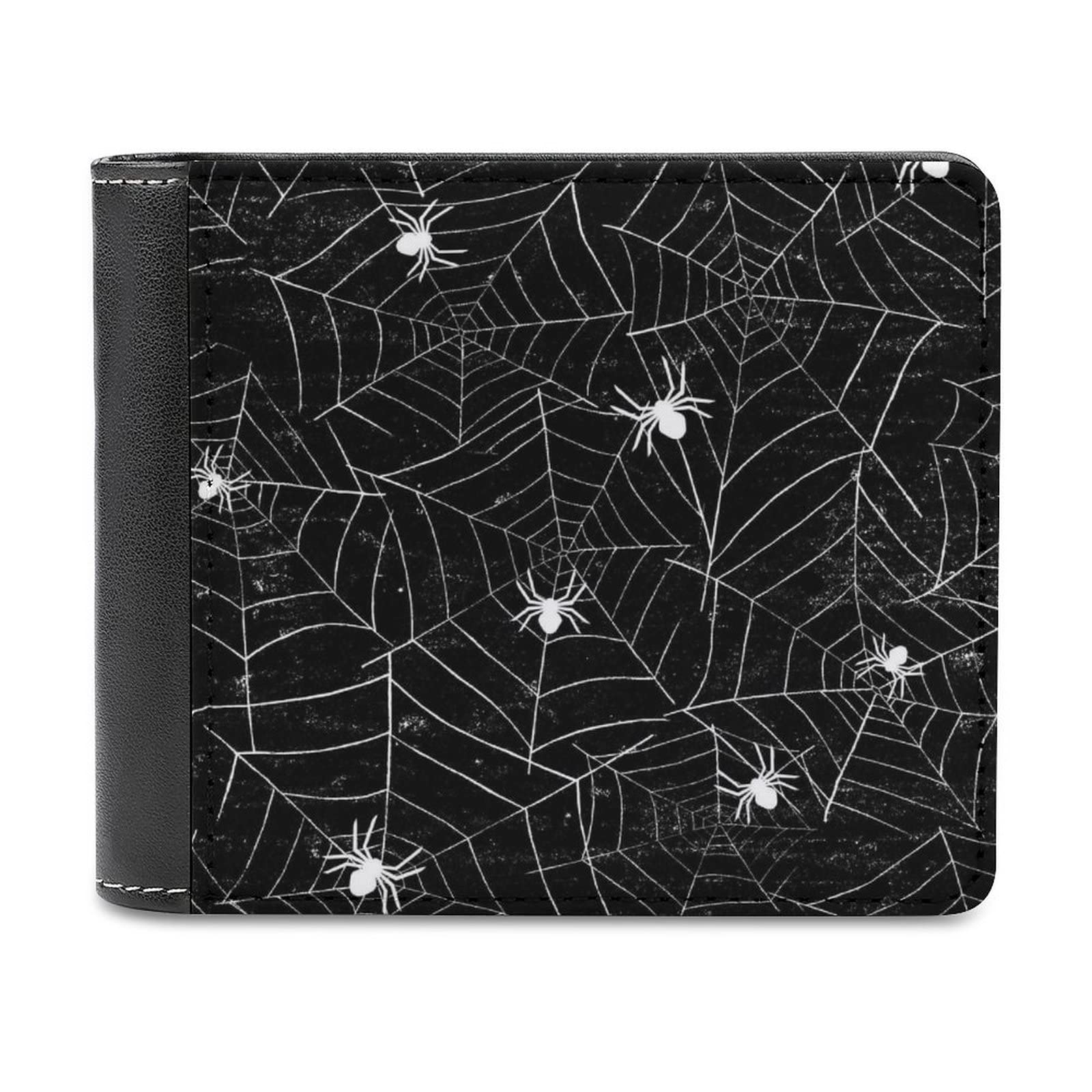 Donnapink Retro Halloween Black White Spider Webs with White Spiders on Black Soft PU Leather Bifold Wallet, Coin Purse Credit Pass Case, Durable Card-Holder Slim Billfold for Men Woman Money Storage