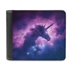 unicorn silhouette in a purple galaxy nebula cloud soft pu leather bifold wallet, coin purse credit pass case, durable card-holder slim billfold for men woman money storage