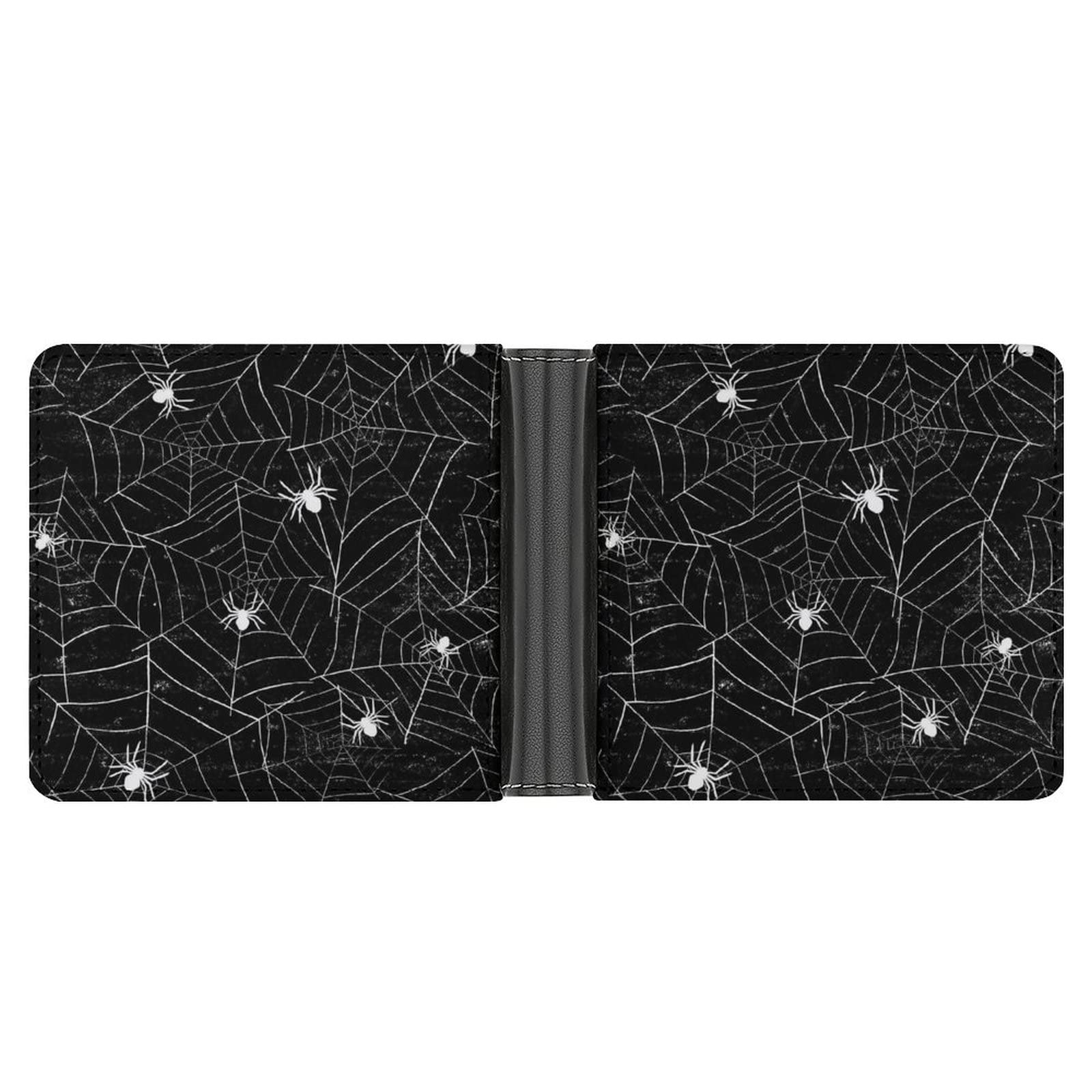 Donnapink Retro Halloween Black White Spider Webs with White Spiders on Black Soft PU Leather Bifold Wallet, Coin Purse Credit Pass Case, Durable Card-Holder Slim Billfold for Men Woman Money Storage